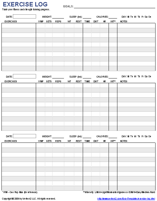 Free Printable Exercise Log And Blank Exercise Log Template